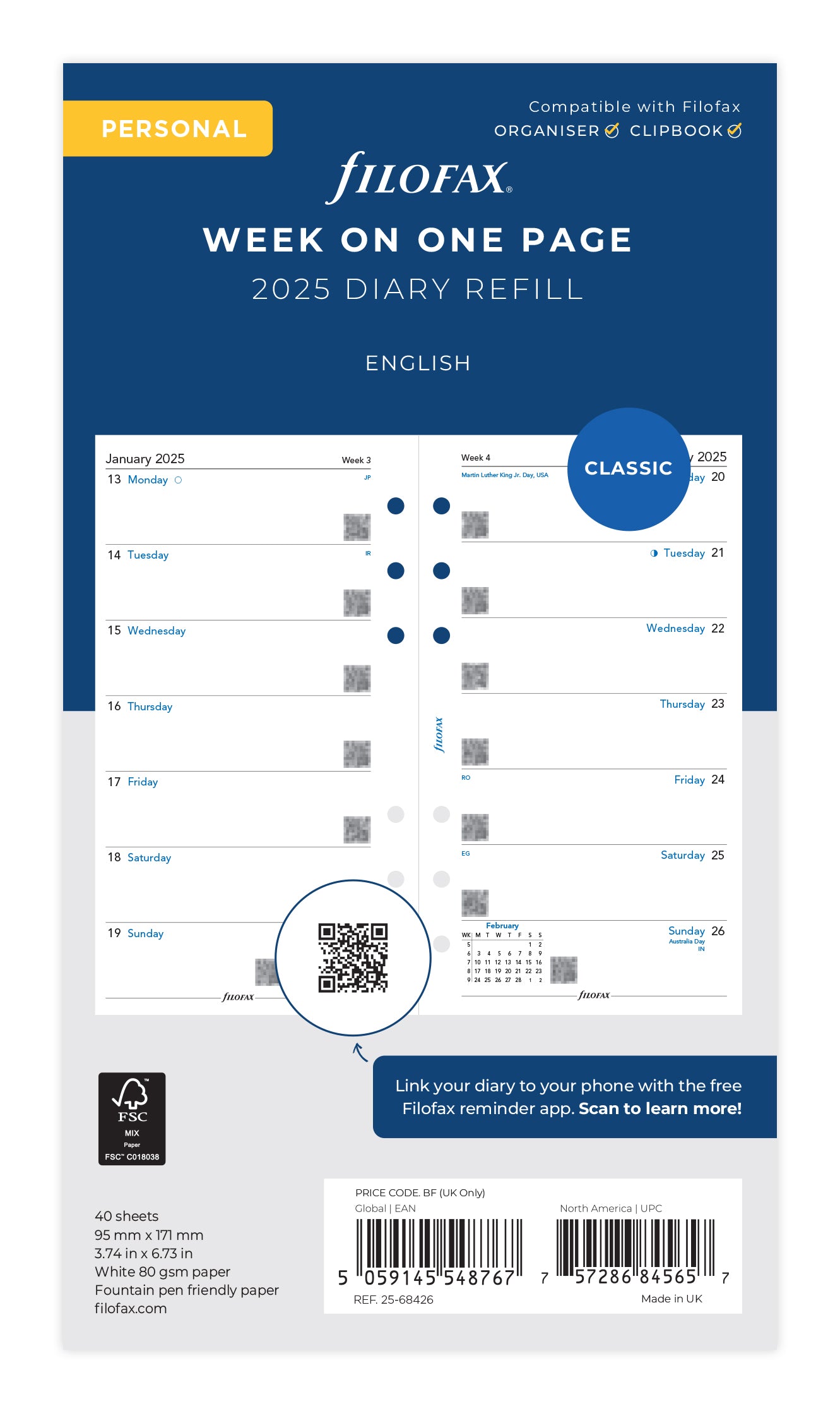 Filofax Classic Week Per Page Personal 2025 Refill