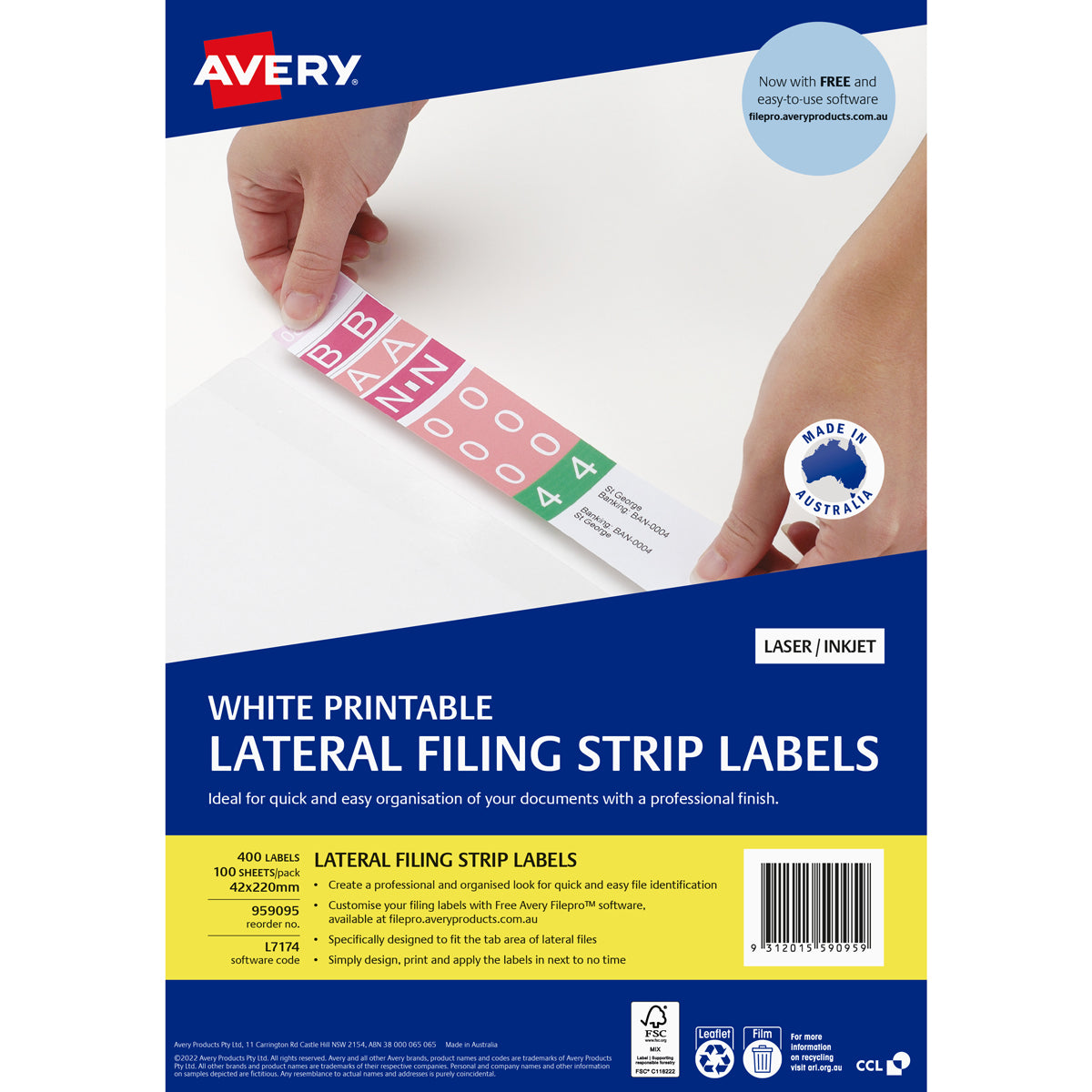 Avery 4up 100 Sheets 220x42mm Lateral Filing Labels