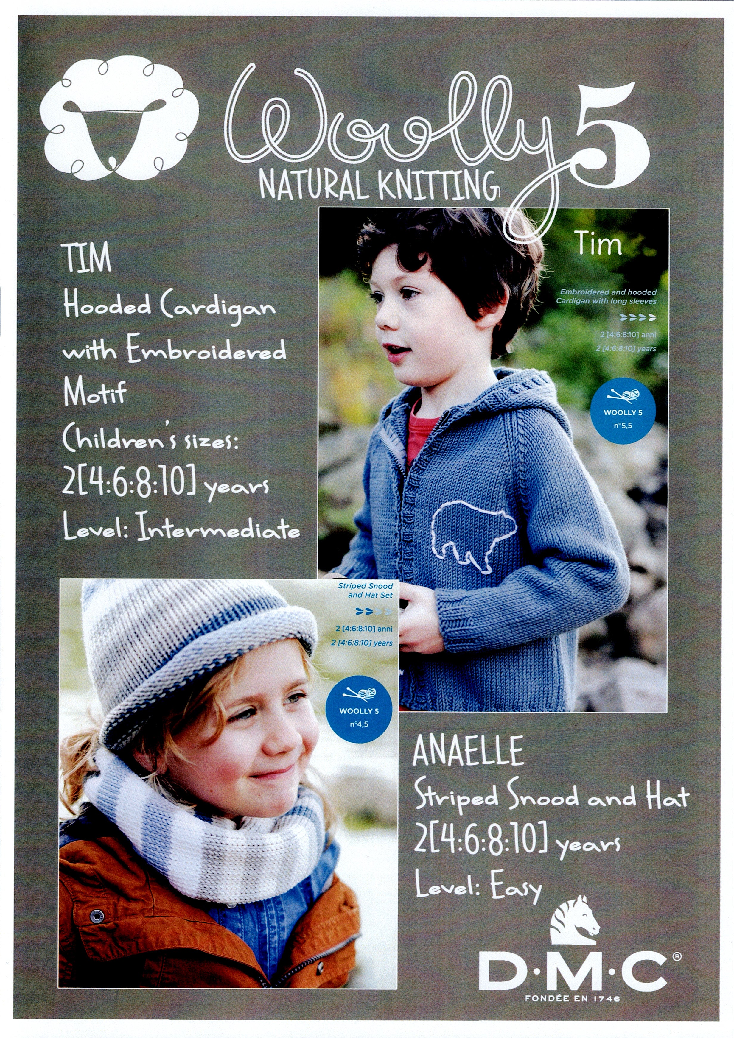 DMC Woolly 5 Pattern Leaflet - Annaelle Snood & Hat and Tim Hooded Car