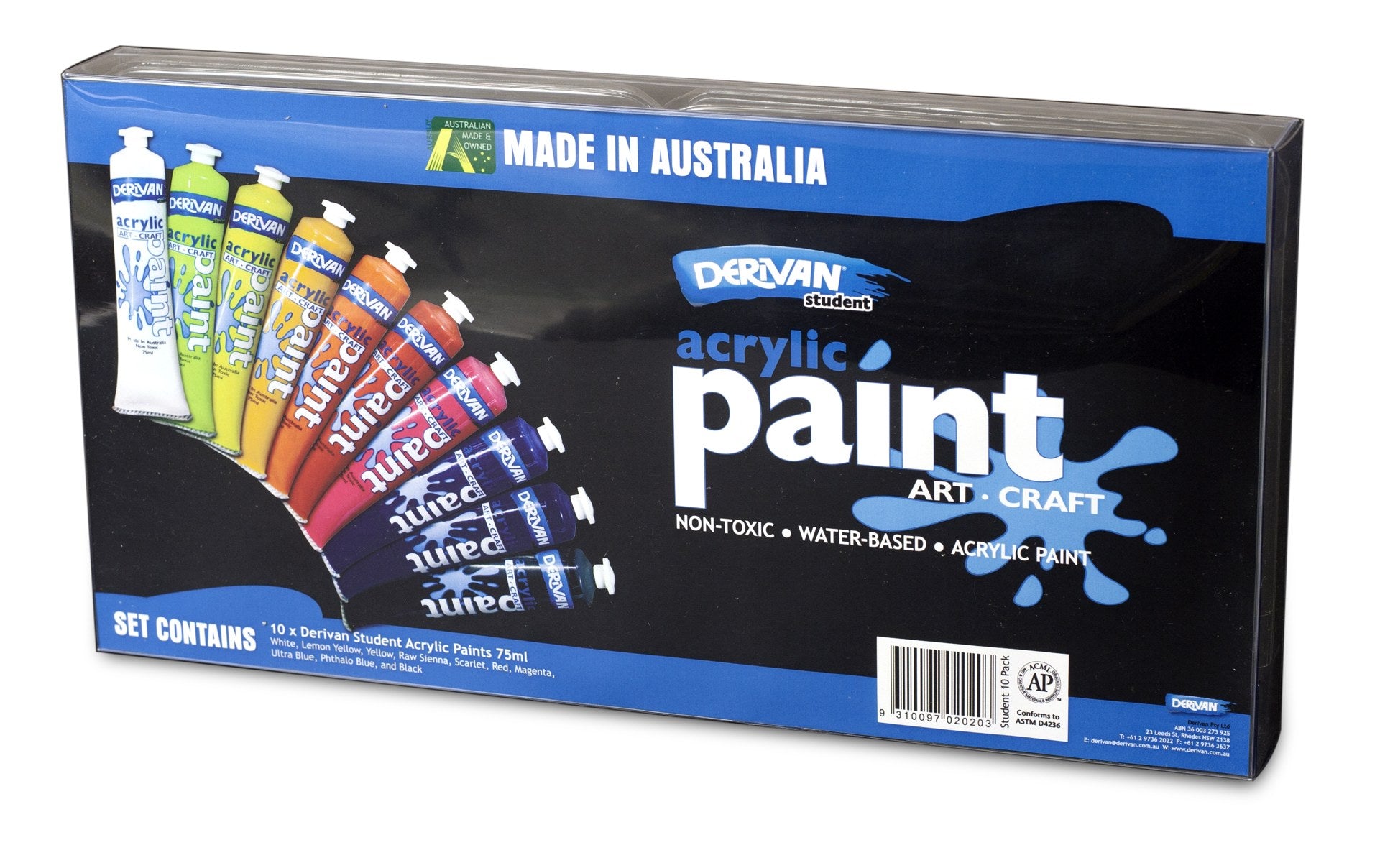 Derivan Acrylic Student Paint Set of 10 x 75ml | Hobby Land