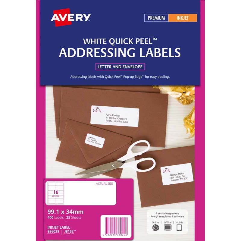 Avery Addressing Inkjet Label J8162-25 25 Sheets | Hobby Land