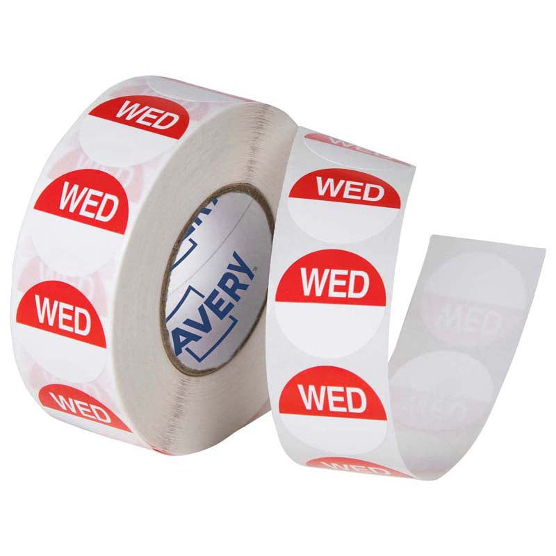 Avery Labels Wednesday Round Day 24mm Red White 1000 Roll | Hobby Land
