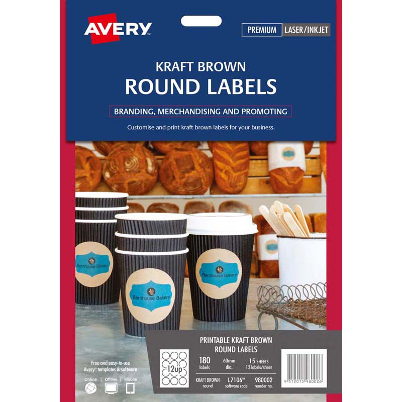 Avery Label L7106 Round Kraft 60mm 12up 15 Sheets | Hobby Land